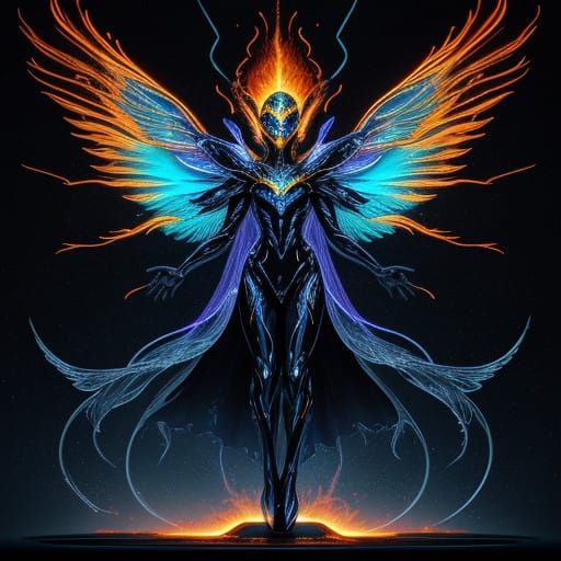 Electric Phoenix Alien in Iridescent Orange with W... - AI Art