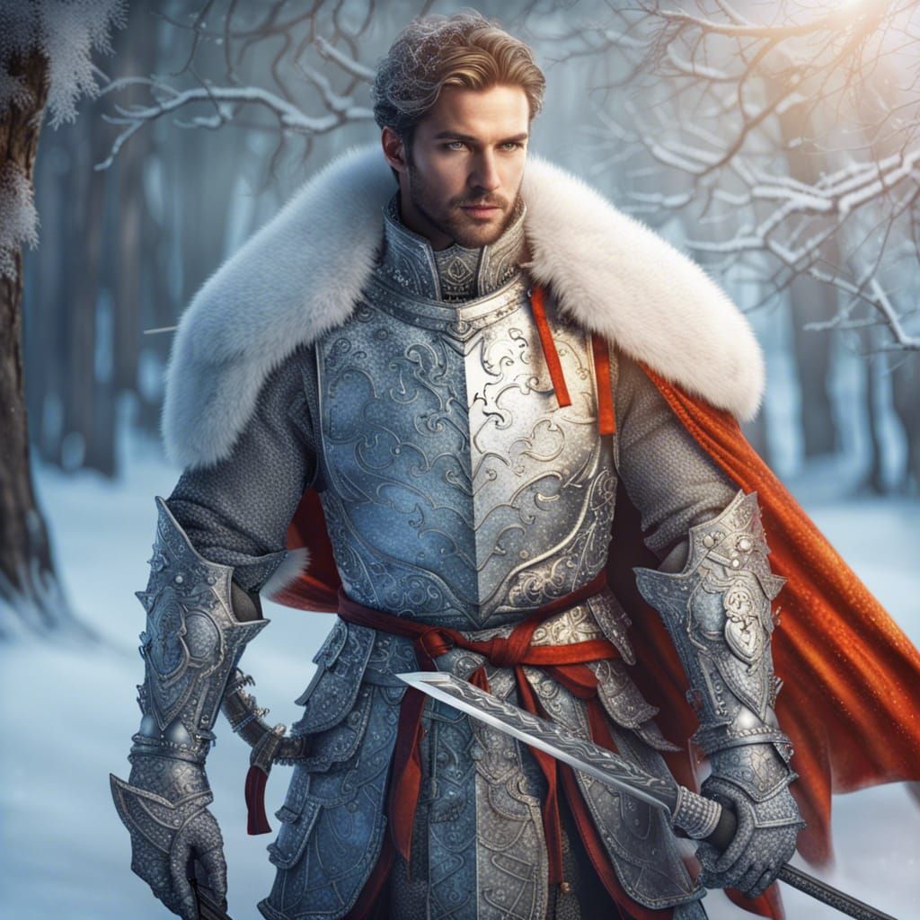 A handsome man, dressed in a frosty knight clothes, fiery sword, in a ...
