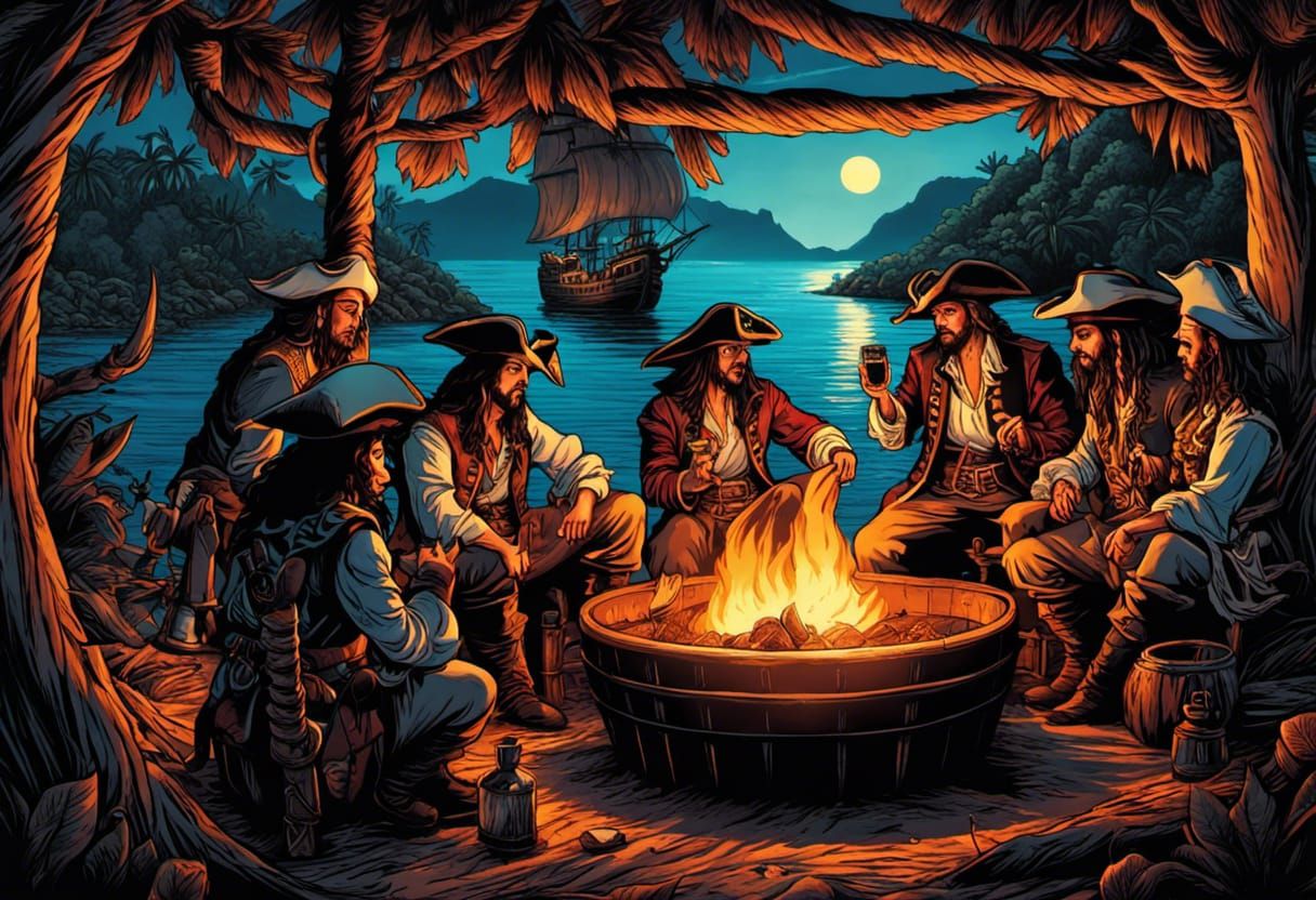 Pirates drinking rum around a camp fire in a cove with their pirate ...