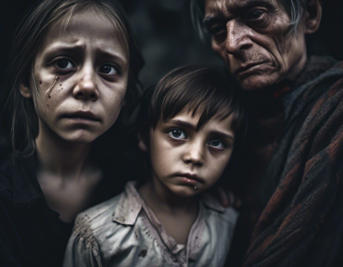 Portrait of a devastated family, Close up portrait, ambient light ...