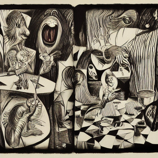 A poorly drawn cartoon portrait of an American family a surreal scene ...