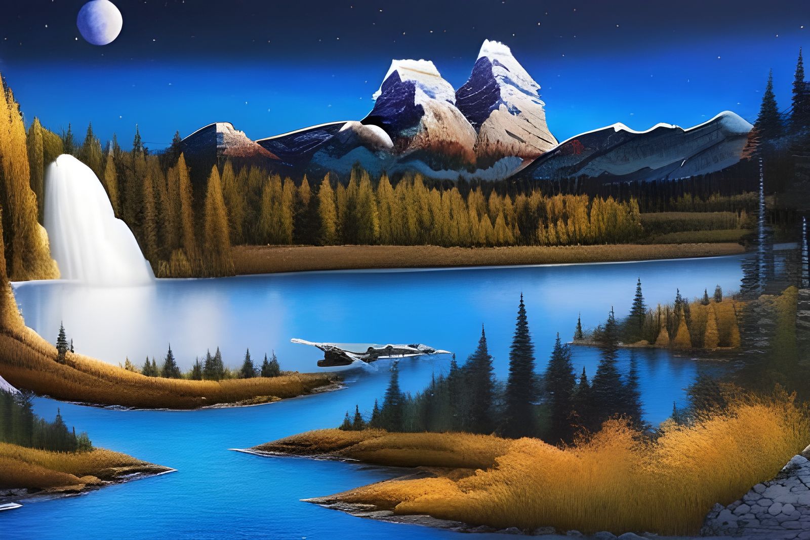 Mountain river landscape, astral night sky. (IX) - AI Generated Artwork ...