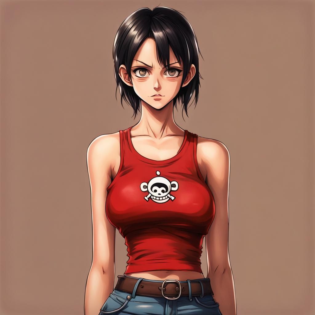 A very realistic photo of a pin-up, style of one piece manga, monkey D ...