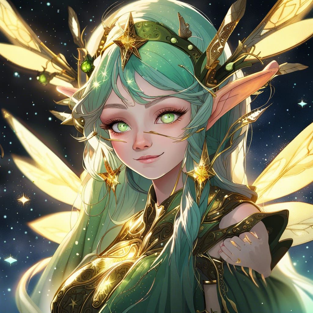 enchanted green elf with fairy wings, golden adornments, beautiful ...