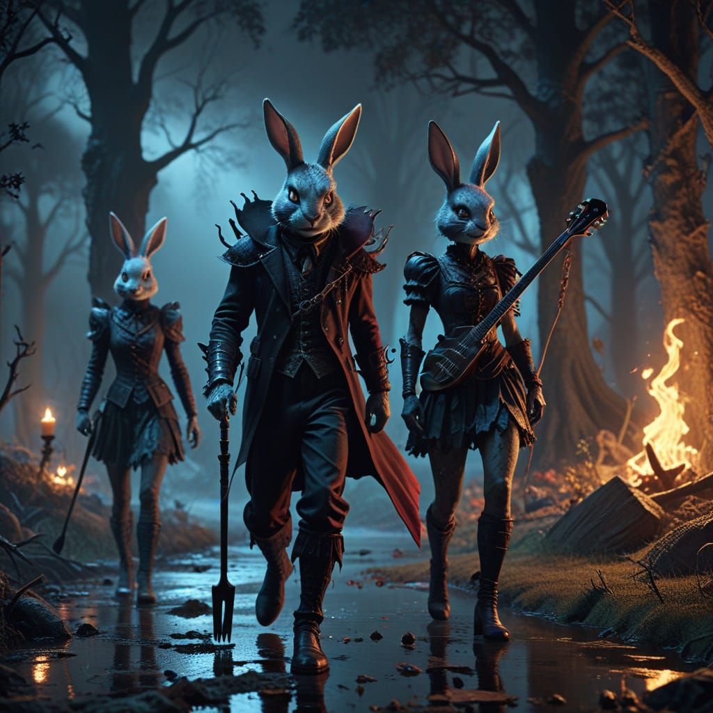 Gothic Whimsy: Demon Rabbit Banjoist in a Dark Fan... - AI Art