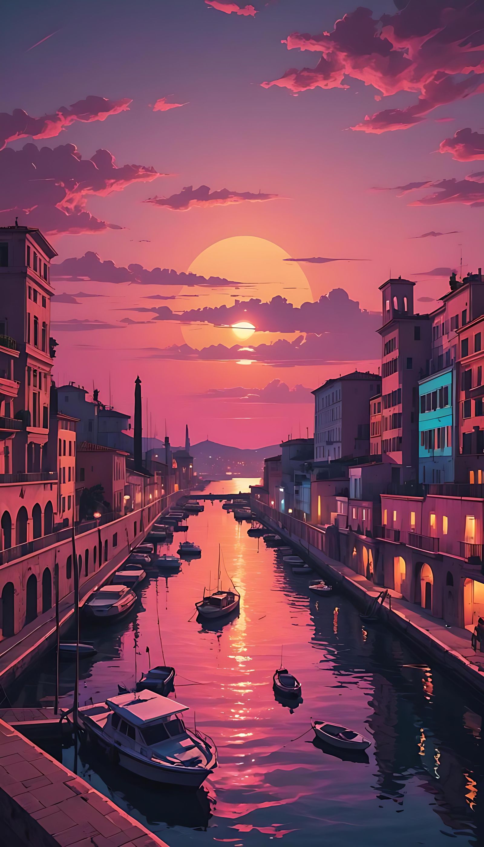 Synthwave Sunset over Roman Port - AI Generated Artwork - NightCafe Creator