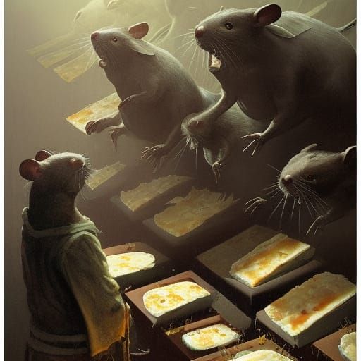 Rats in gas masks devouring mounds of cheese, while worshipping the ...