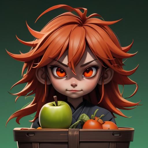 Devilish Chibi as red as a tomato in a wicker basket filled with orange ...