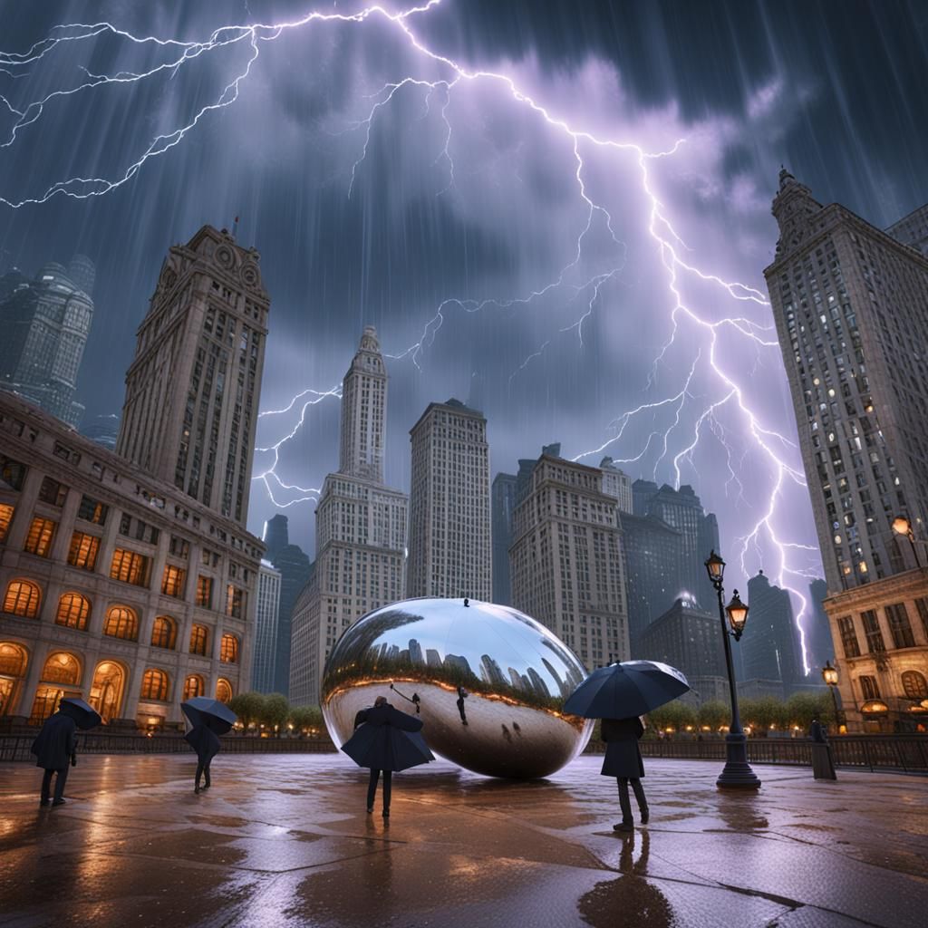 chicago bean in a lightning storm while two people stand nearby under ...