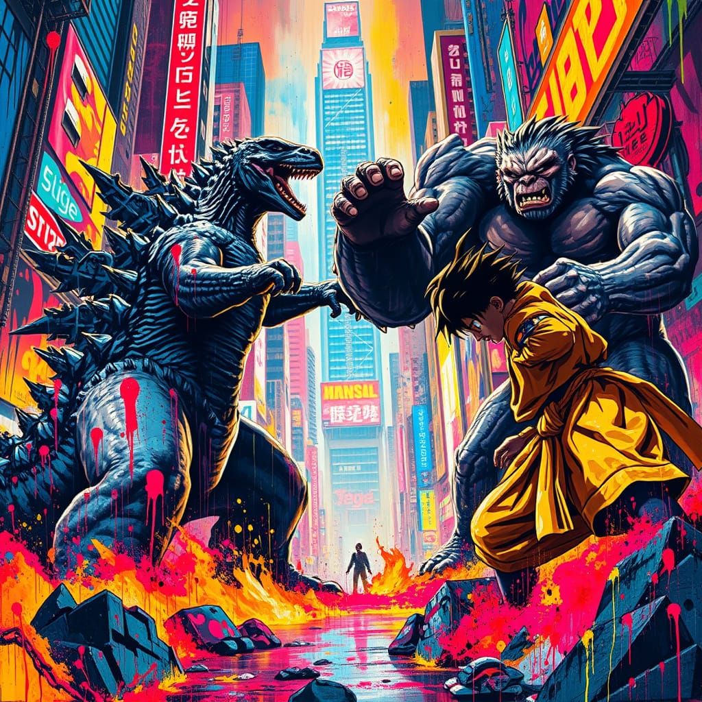 Cyberpunk City Battle: Godzilla vs King Kong vs Go... - AI Art