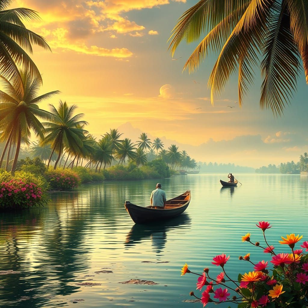 A serene backwater scene in Kumarakom, Kerala, India