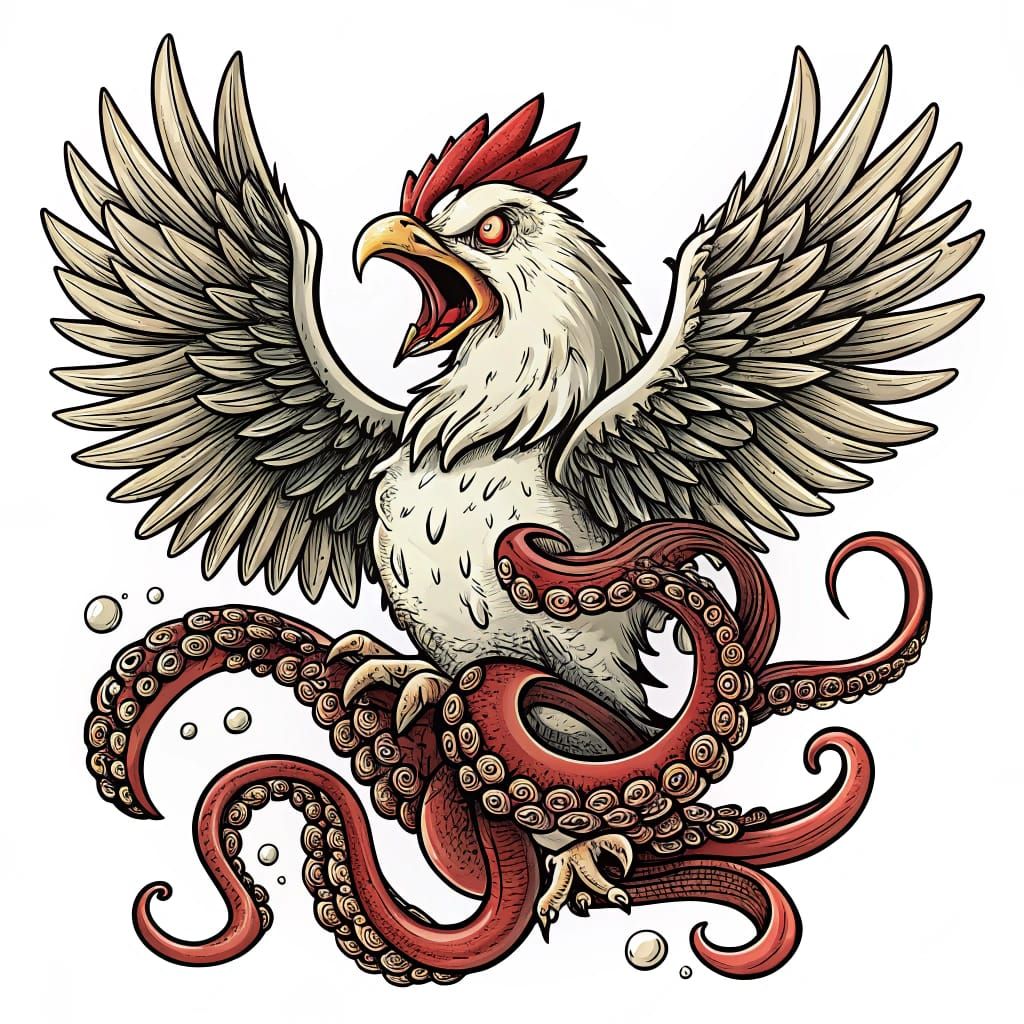 Fierce Chicken vs Octopus Tattoo Design - AI Art