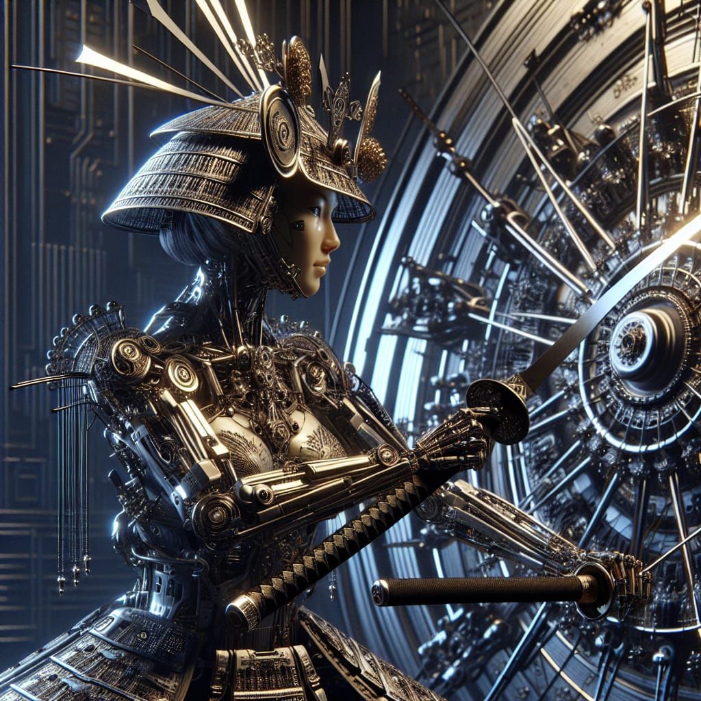 Noble Samurai Warrior Woman Wields Futuristic Nagi... - AI Art