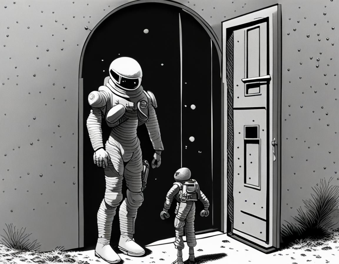 B&W grainy photo of alien dad and baby alien in space suits .. - AI ...