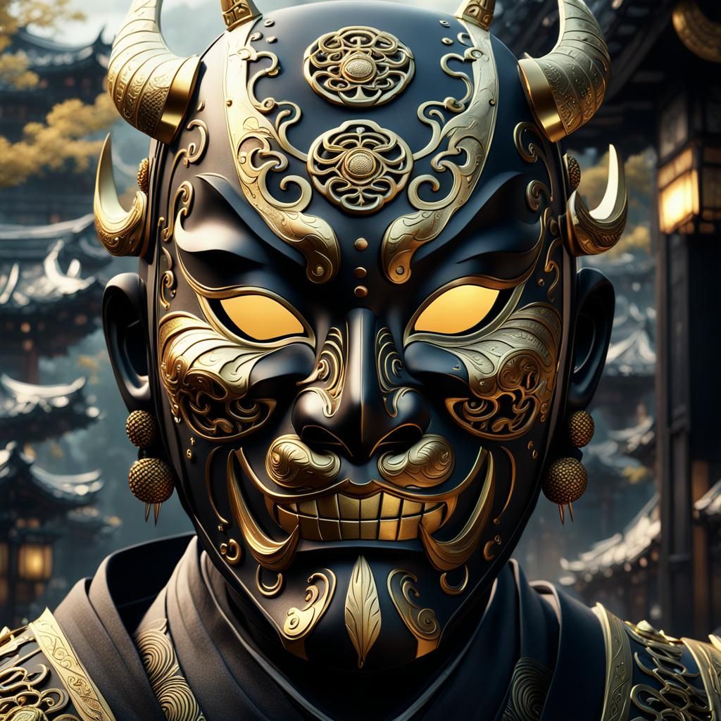 Japanese mask black with golden details - AI Generated Artwork ...