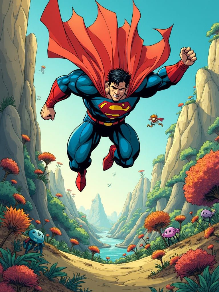 Heroic Superhero Leaps Over Chasm in Dynamic Comic... - AI Art