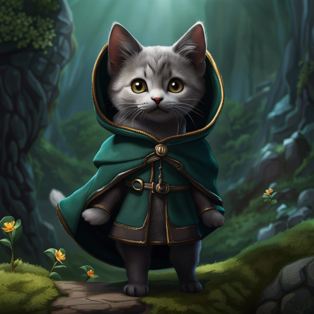 Grey Kitten in a green cloak chibi for b