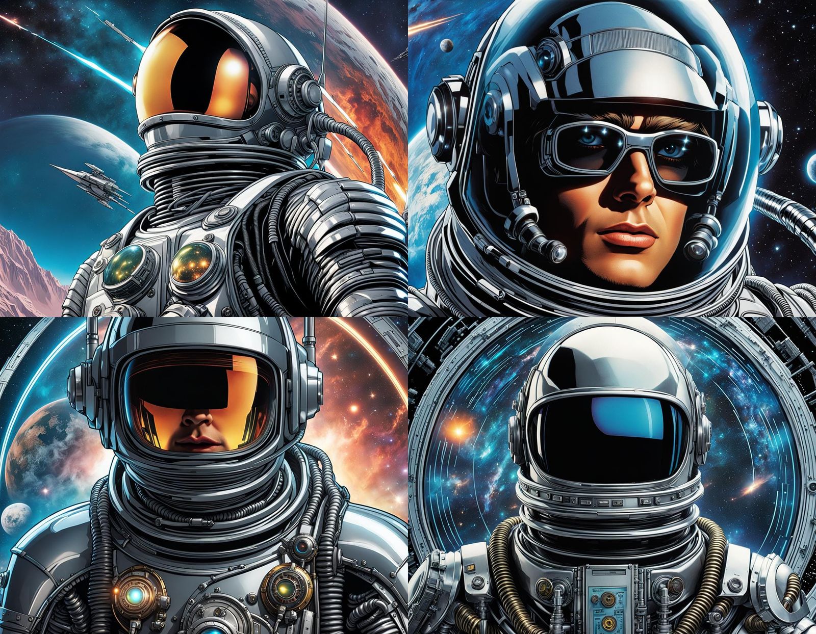 a close up of a person in a space suit, heavy metal comic cover art ...