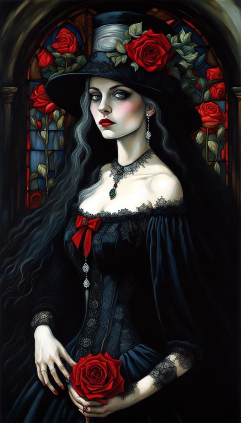 beautiful victorian gothic style rmagpie, long white hair, black hat ...