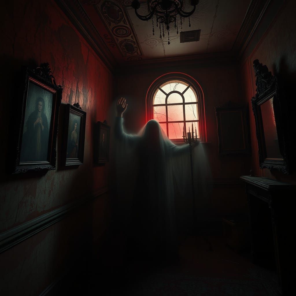 In the decrepit, Victorian mansion's depths, a ghostly, ethereal shadow ...