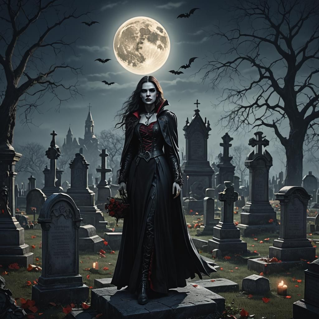 Vampire woman in a cemetery at full moon - AI Generated Artwork ...