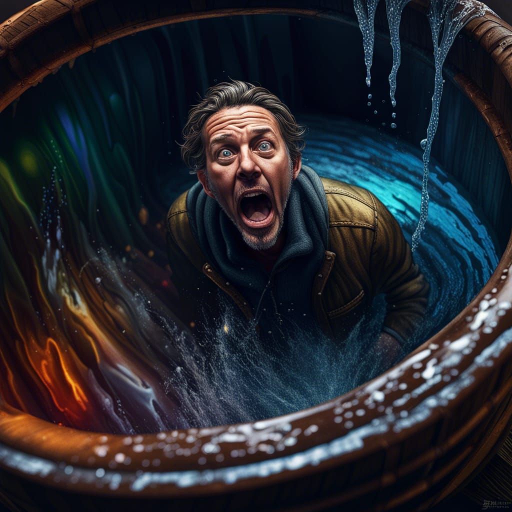 scared man in a barrel down waterfalls Hyperrealistic, splash art ...