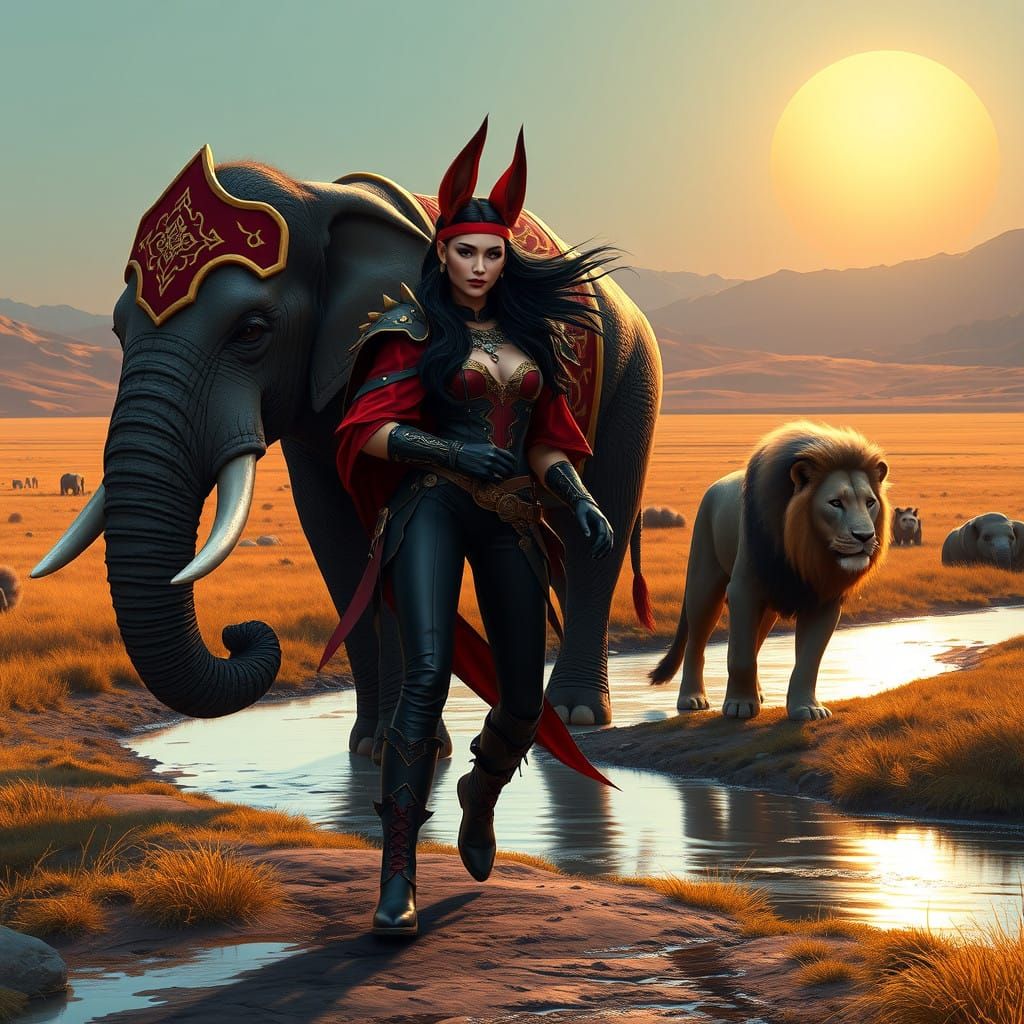 Goth Queen with Fennec Fox Ears Stands Beside Maje... - AI Art