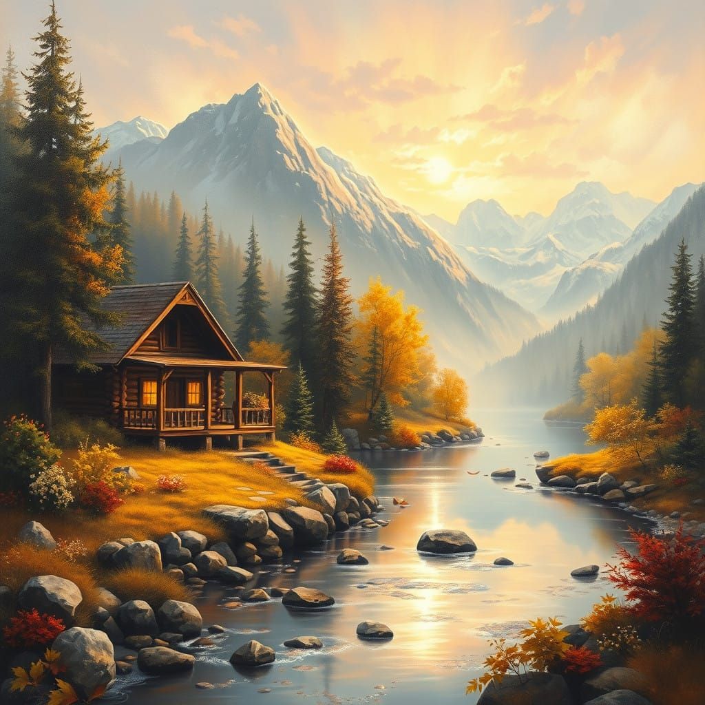 Cabin by the river - Autumn Landscape with Log Cabin and Mou...