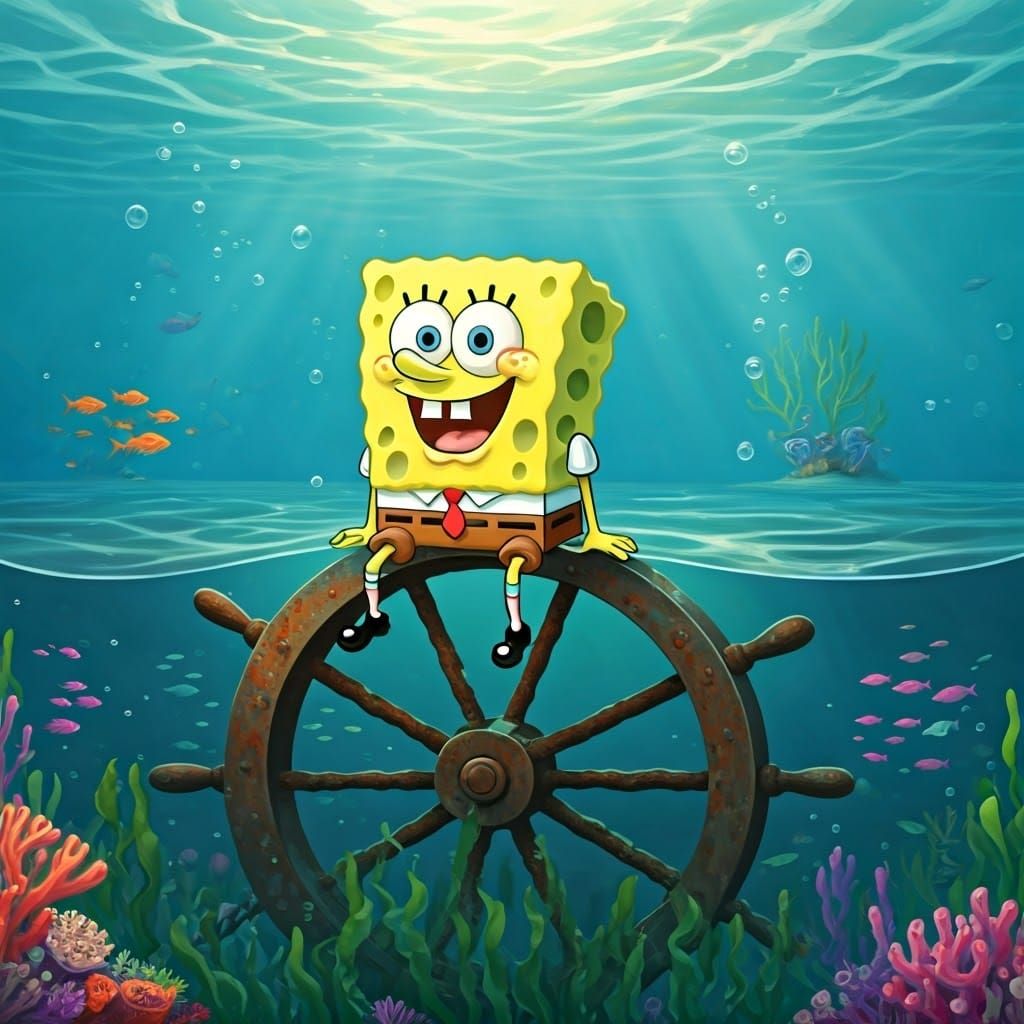Spongebob in Whimsical Ocean Scene with Sea Wheel - AI Art