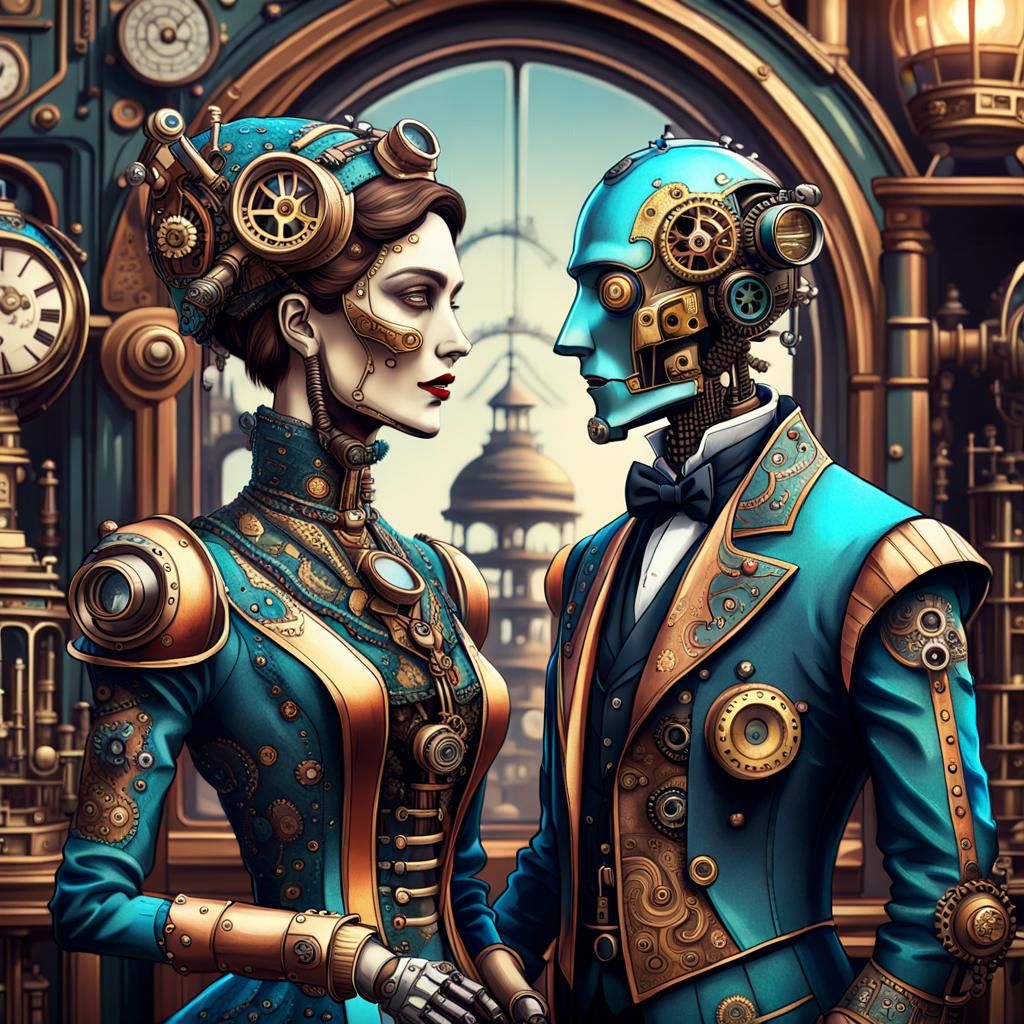 (overdetailed concept art of a victorian robot gentleman and his wife ...