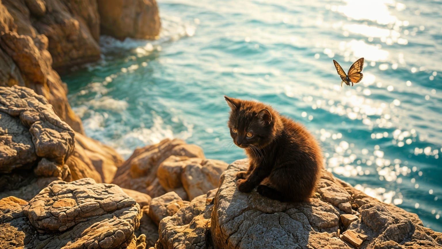 Whimsical Kitten Gazing Out at the Ocean in a Drea... - AI Art