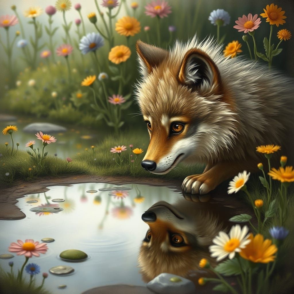 Whimsical Wolf Gazing in a Serene Puddle - AI Art