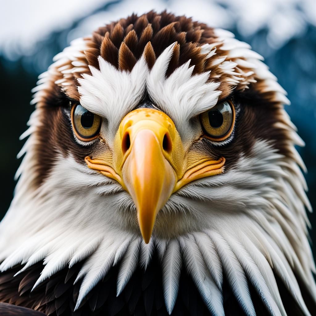 Extreme close up of an eagle’s eye. We see snowy mountain peaks in the ...
