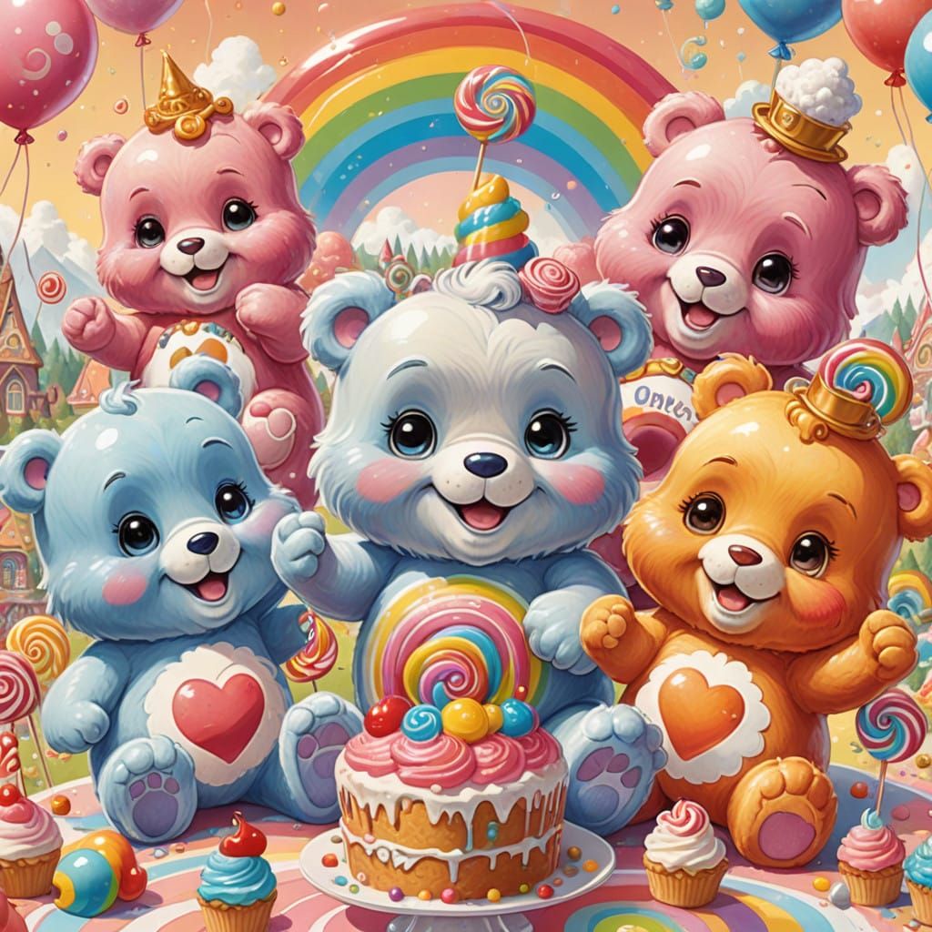 Whimsical Care Bears Party in Vibrant Candyland - AI Art