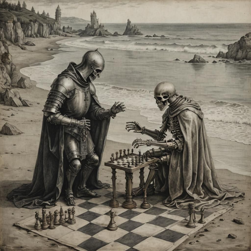a human knight playing chess against a robed skeleton on the seashore ...
