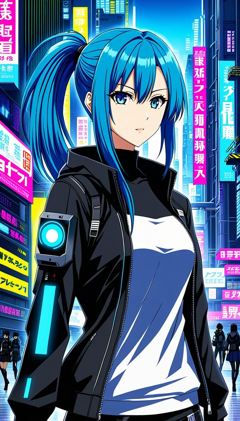 Blue-haired teenage cyborg girl with ponytail in cyberpunk city ...
