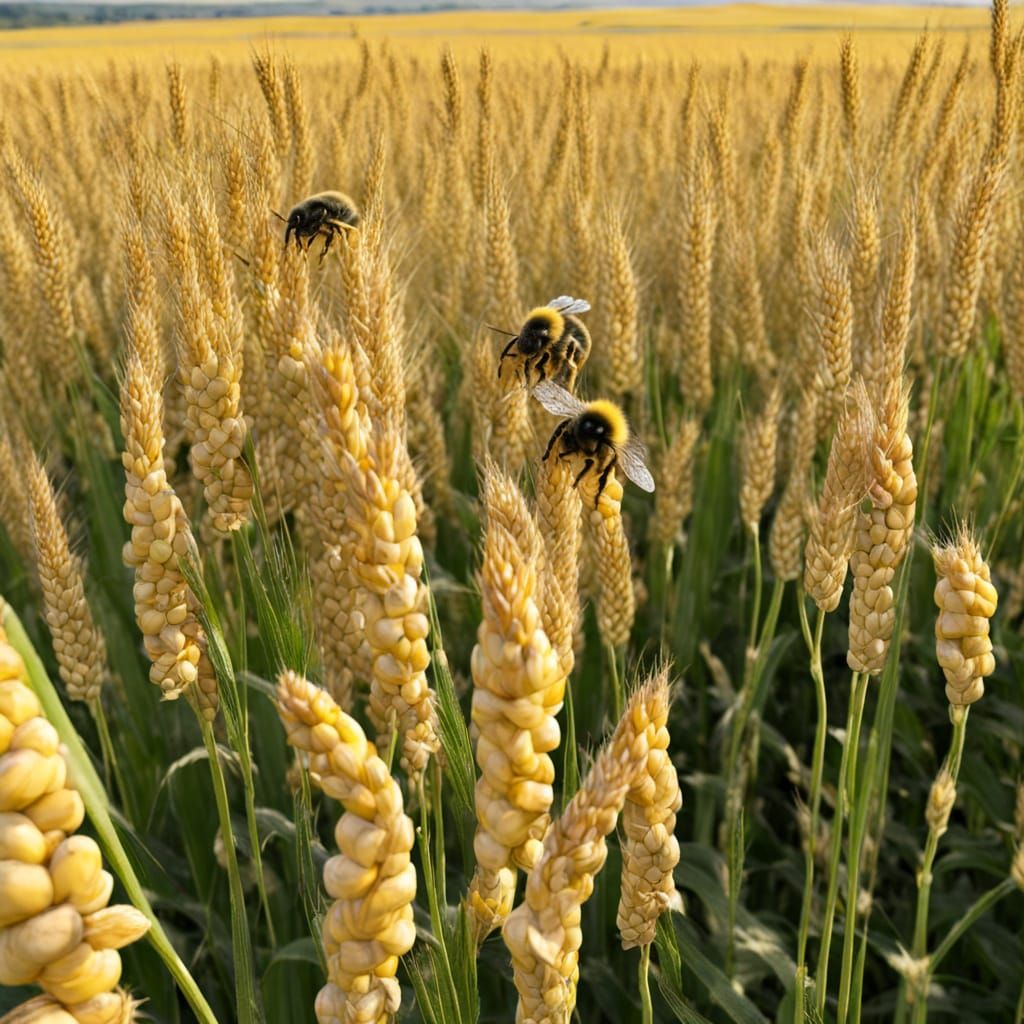 Bees at work - Bees Among Vibrant Wheat Blossoms