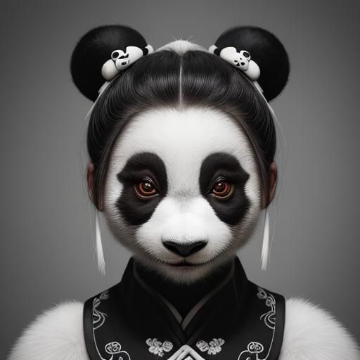 Black and white portrait of a panda woman wearing traditional Chinese ...