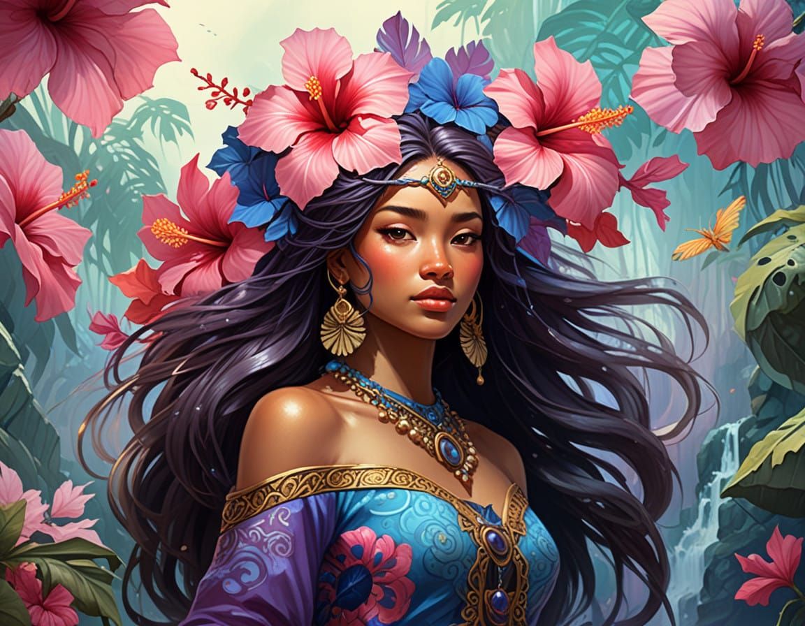 Polynesian Goddess in Whimsical Headdress, Surroun... - AI Art