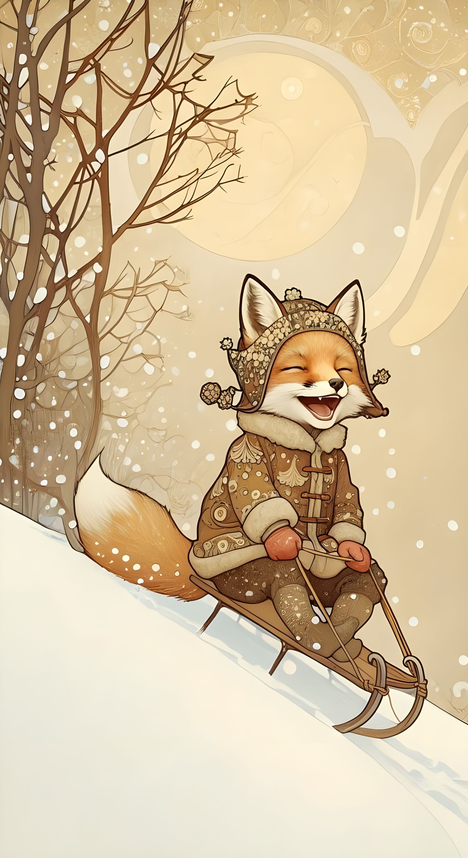 Sledding - Anthropomorphic Fox Boy in Whimsical Winter Scene