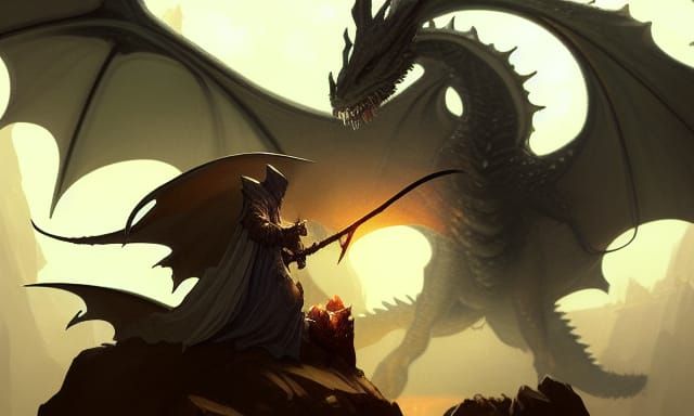 A wizard battling a dragon in an underground dungeon head and shoulders ...