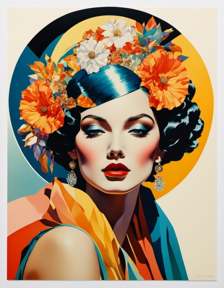 Magical realism, colorful fashion model sketch in the geometric style ...