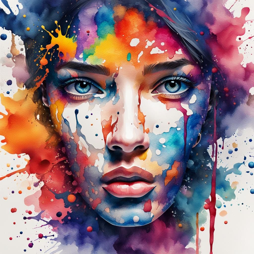 Abstract Watercolor painting of a woman's face, white background ...