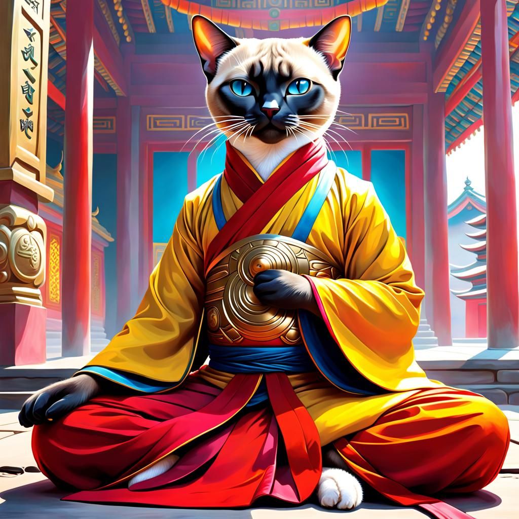 A Sleek and Stoic Siamese Cat reimagined dressed up as a Tibetan ...