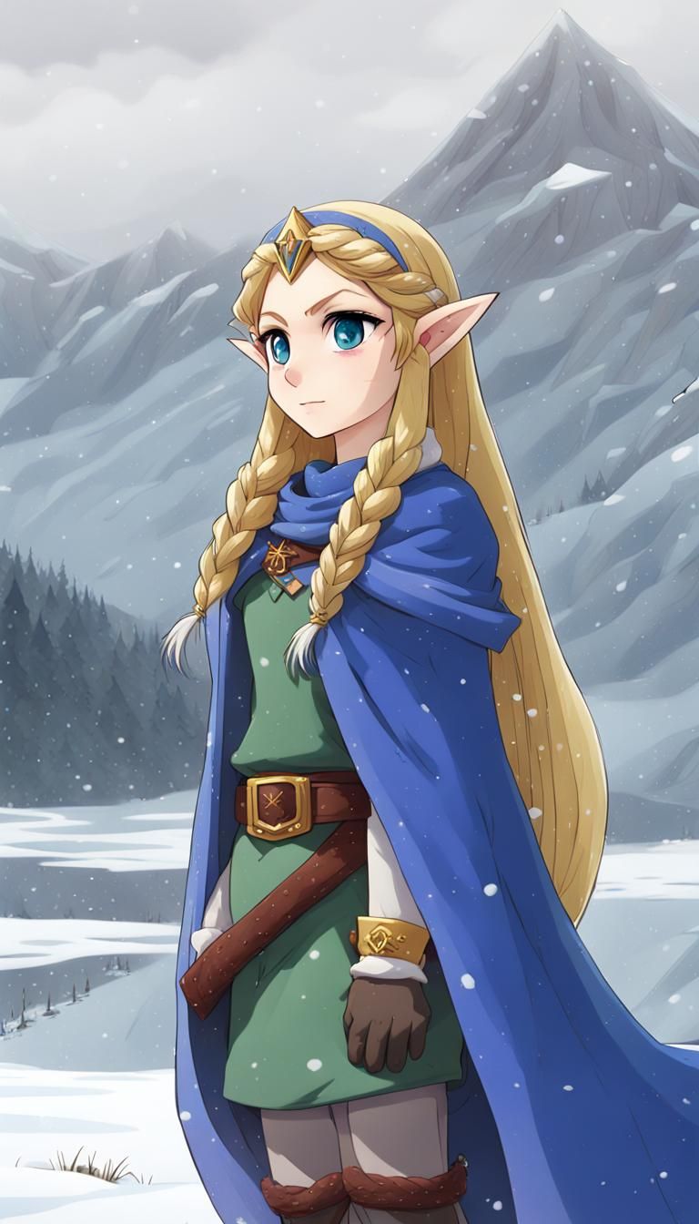 princess zelda, pointy ears, 1girl, sky, snowy day, mountain, clouds ...