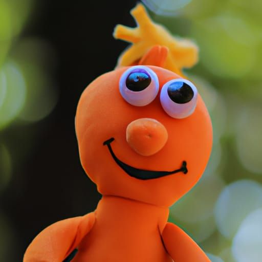 Happy orange puppet with green eyes is happy to a childhood friend in ...