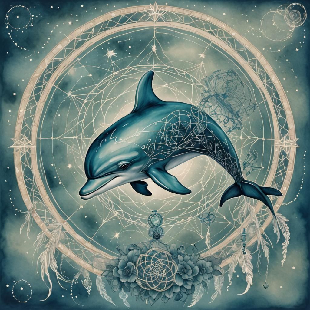 A teal dolphin with intricately detailed looks swimming through a ...