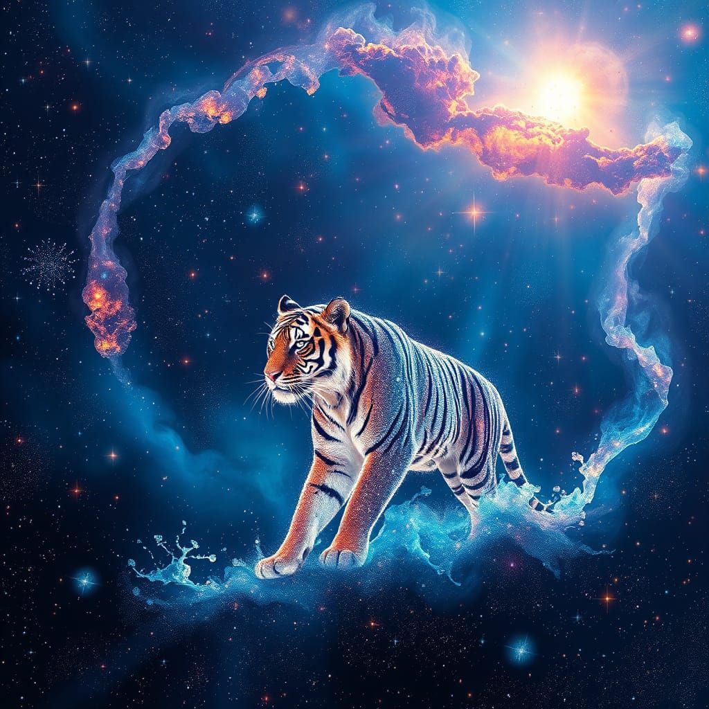 Starry Tiger - Celestial Tiger Unfurls in Cosmic Nebula