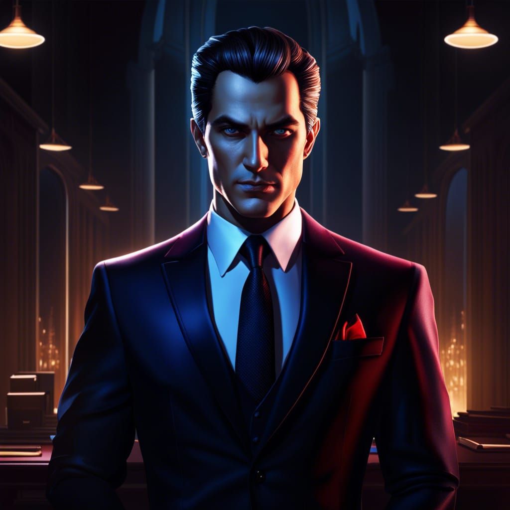 a male vampire, with blue eyes, wearing a suit and tie, smirking at you ...