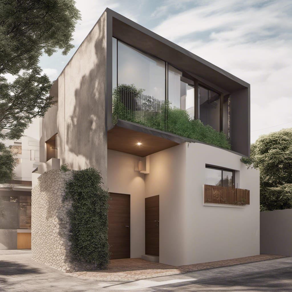 crea la fachada de una casa con un techo inclinado hacia la derecha, con muros cafes de tlapial ...